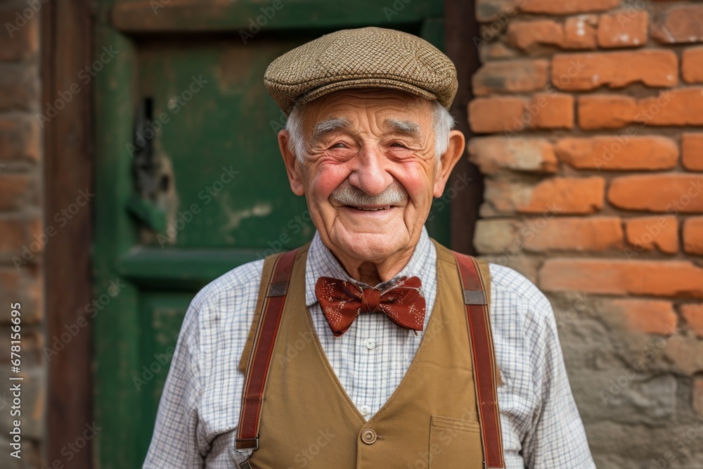Portrait of a cheerful elderly 100 years old man sporting a vented ...
