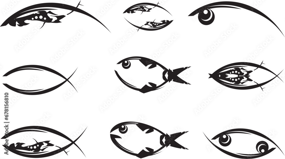 Black-white fish icons for emblems or tattoos. Simple fish symbols for ...