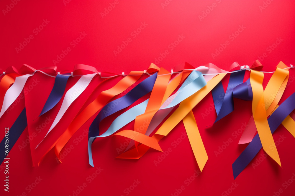Ribbon with colorful flags on a red background, aesthetic look Stock ...
