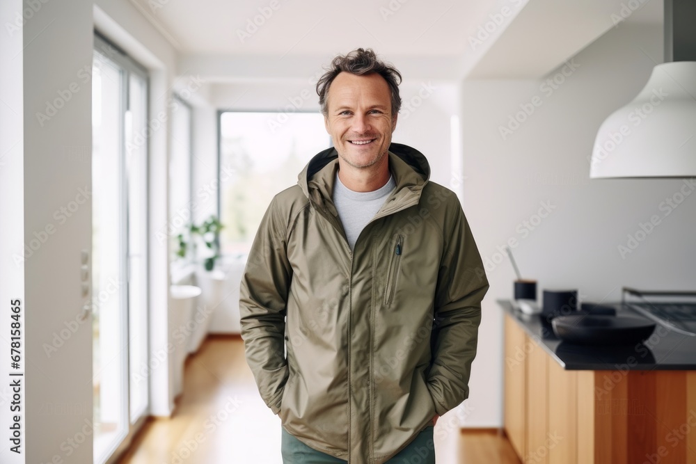 Portrait of a merry man in his 40s wearing a lightweight packable ...