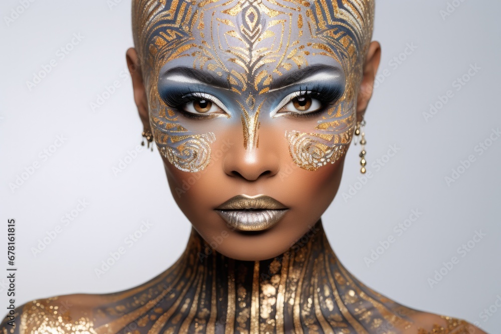 Ethnic beautiful African model with short haircut and gold with blue ...