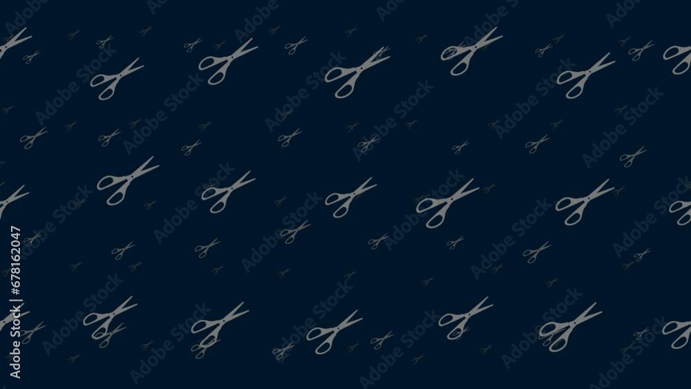 Scissors symbols float horizontally from left to right. Parallax fly ...