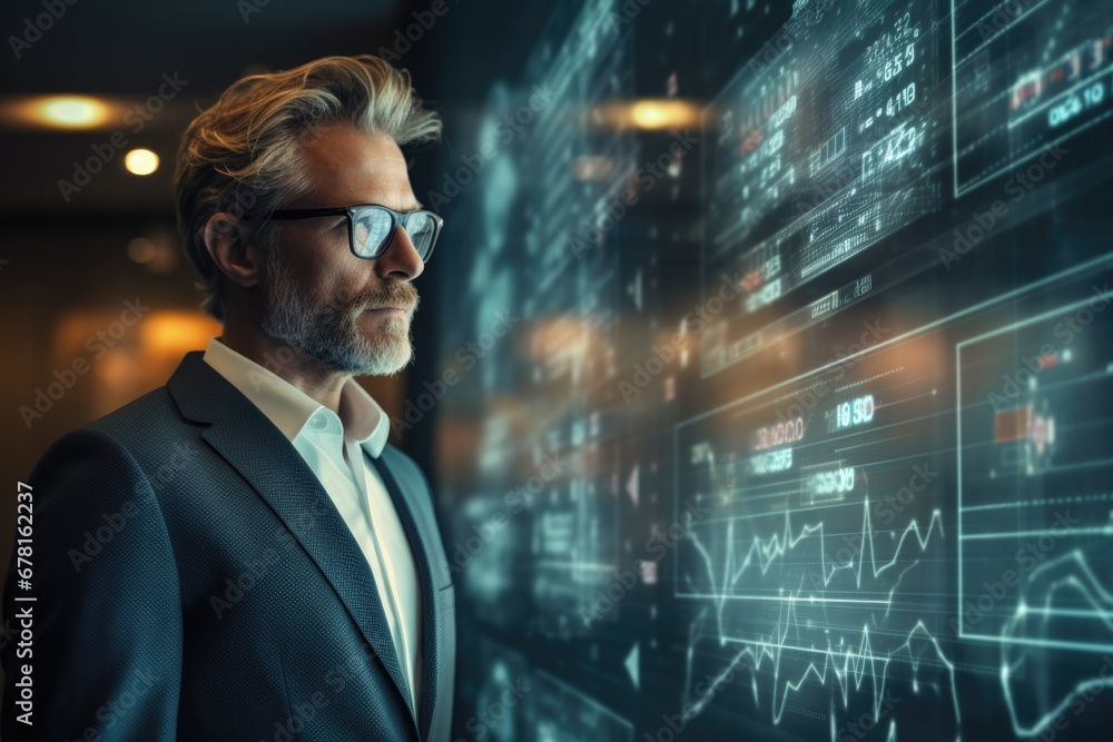 Portrait of Stock Market mature Trader Doing Analysis of Investment ...