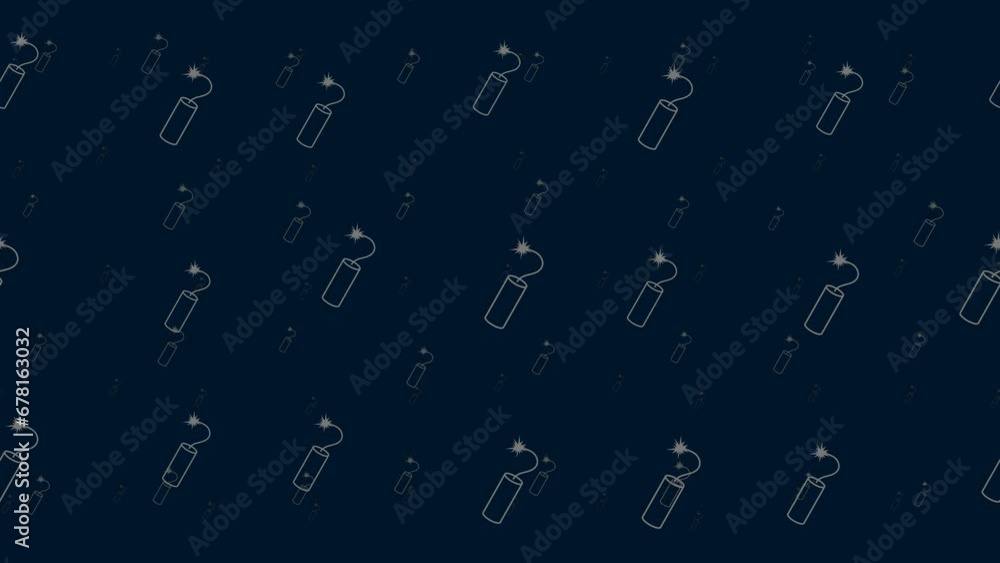 Dynamite symbols float horizontally from left to right. Parallax fly effect. Floating symbols ...