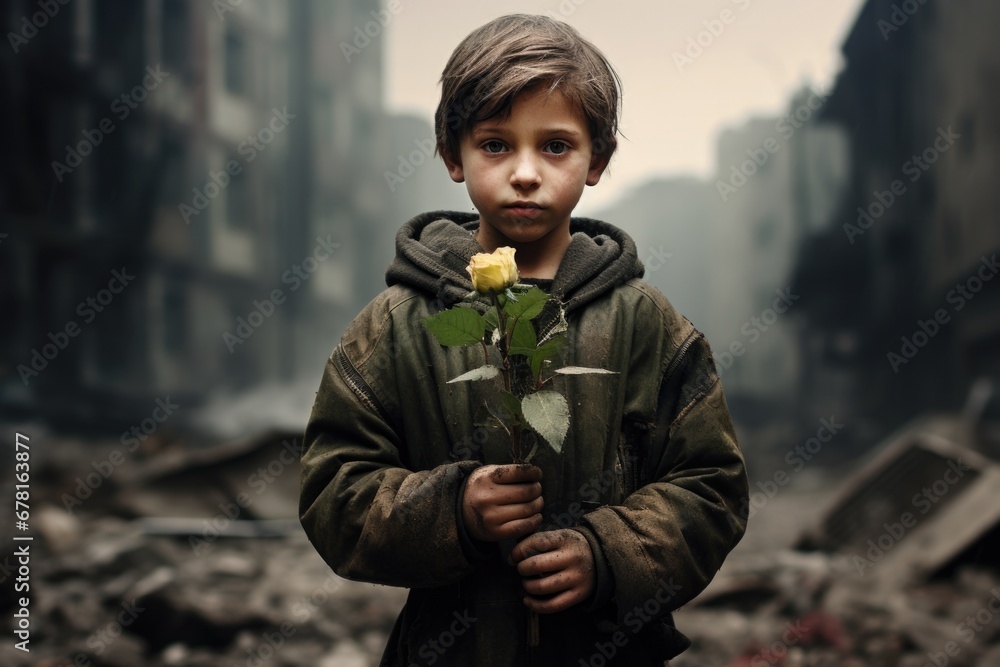 Sad boy in military uniform stands with flower seeding against the ...