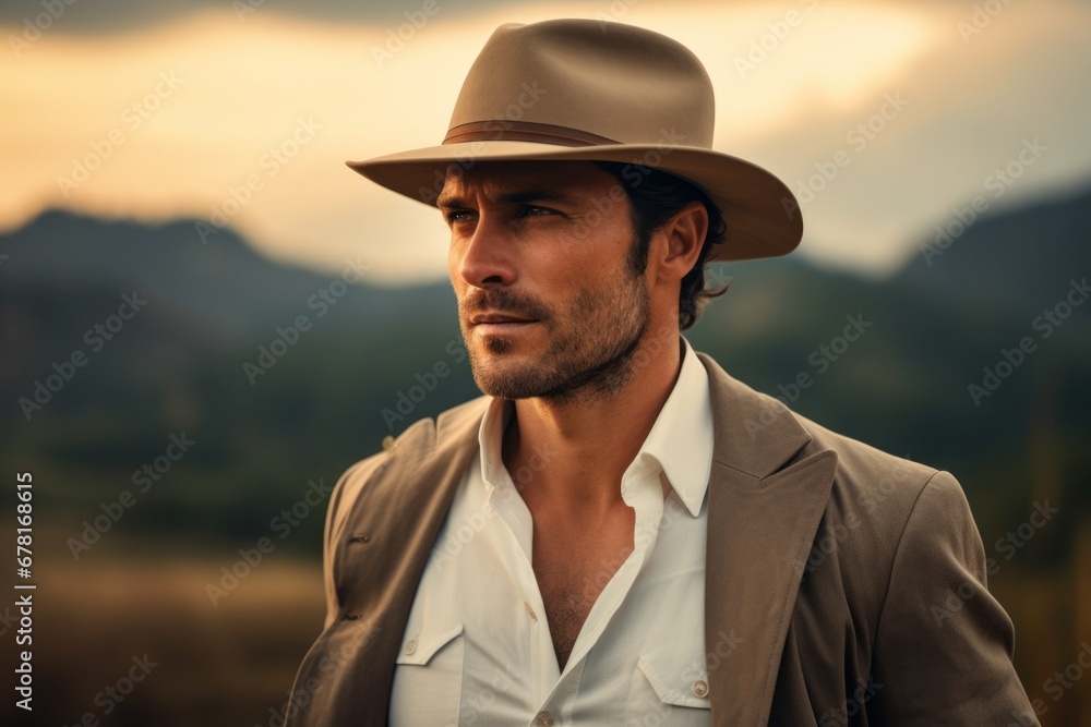 Portrait of a content man in his 30s donning a classic fedora against a ...