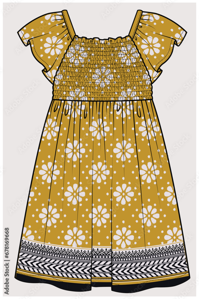 Vetor de FLUTTER SLEVES SMOCK BODICE DRESS WITH CUT OUT BACK AND SQUARE ...