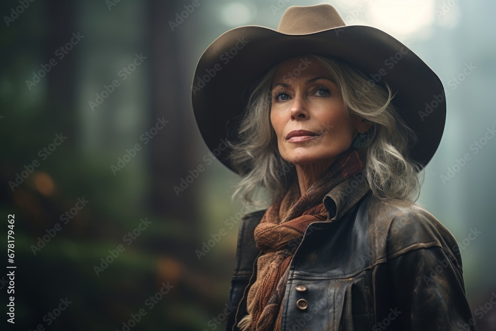 Portrait of a glad woman in her 60s wearing a rugged cowboy hat against ...