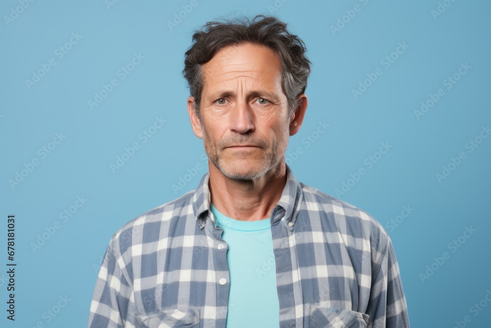 Portrait of a glad man in his 50s wearing a comfy flannel shirt against ...