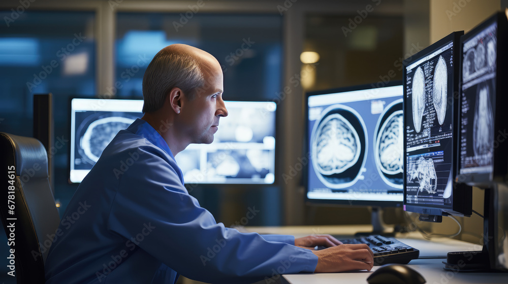 Neurology doctor studying brain tests on a computer screen in a ...