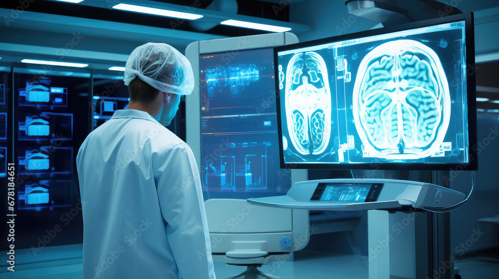 Neurology doctor studying brain tests on a computer screen in a ...