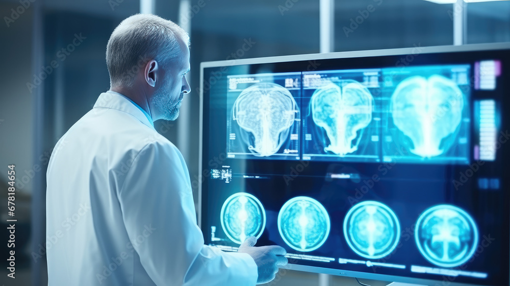 Neurology doctor studying brain tests on a computer screen in a ...