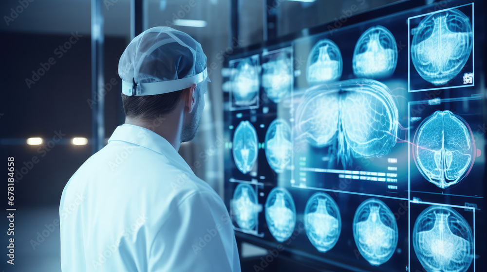 Neurology doctor studying brain tests on a computer screen in a ...