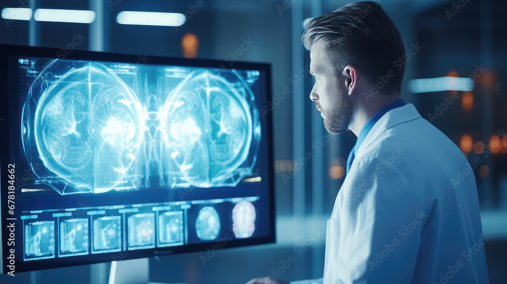 Neurology doctor studying brain tests on a computer screen in a ...