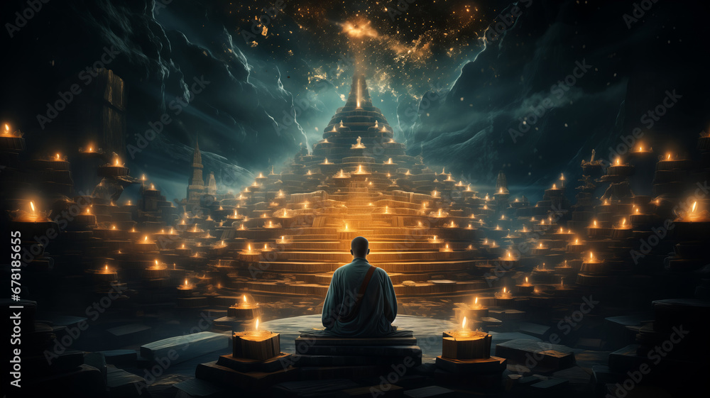 Astral yoga silhouette of human in cosmic space meditate. Back view man practicing ...