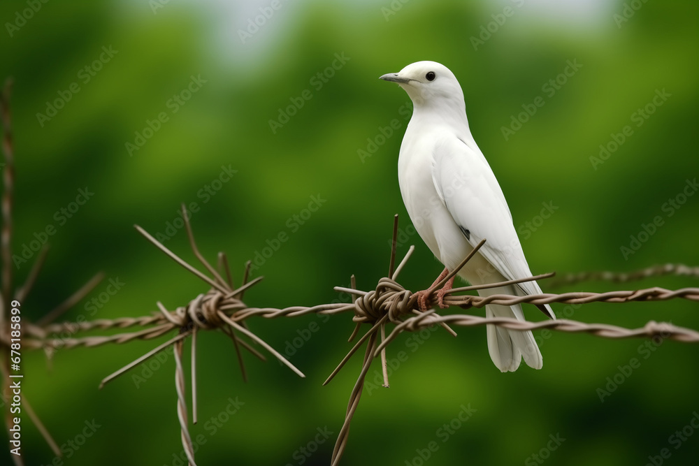 White dove of freedom on Pakistan flag background and barbed wire ...