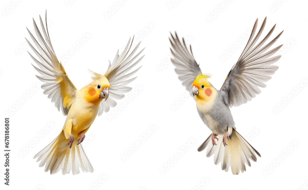 Cockatiels in flying motion, isolated Stock Photo | Adobe Stock