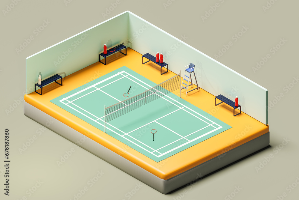 3D isometric render of tennis court with net and rackets Stock ...