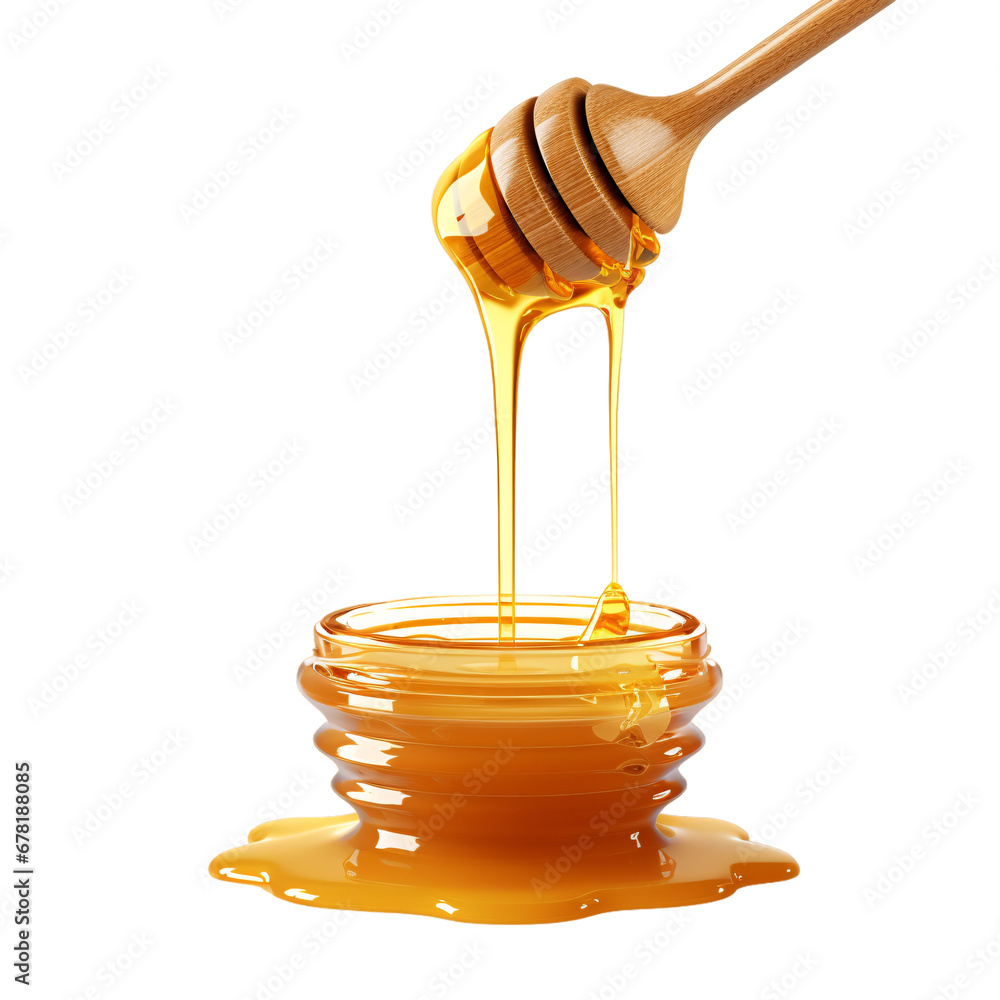 Bee honey dripping into a glass jar overflowing on the floor isolated ...