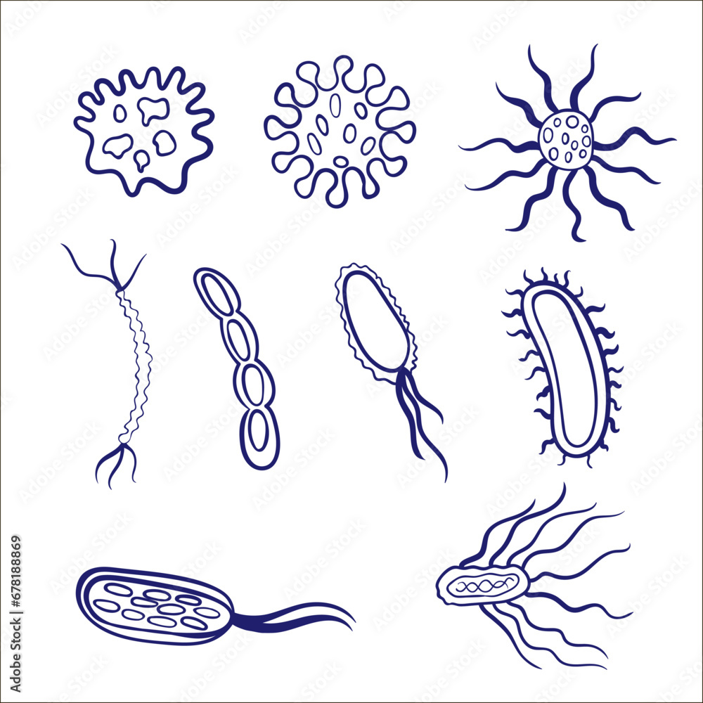 Bacteria shapes drawing and sketch with line-art on white backgrounds ...