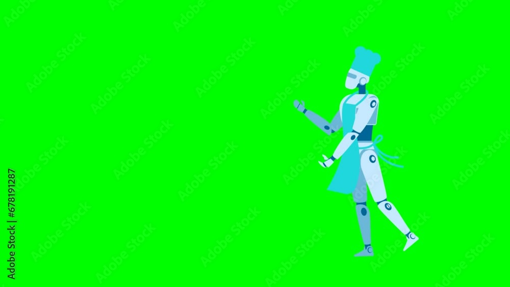 White friendly chef robot. Robot in motion. Robot chef with an apron ... White friendly chef robot. Robot in motion. Robot chef with an apron ...