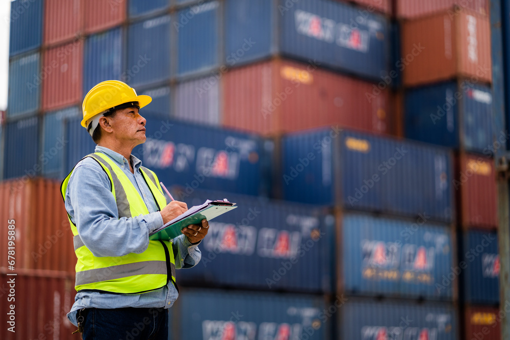 Engineer or foreman controls loading of containers from cargo ship for import export, worker ...