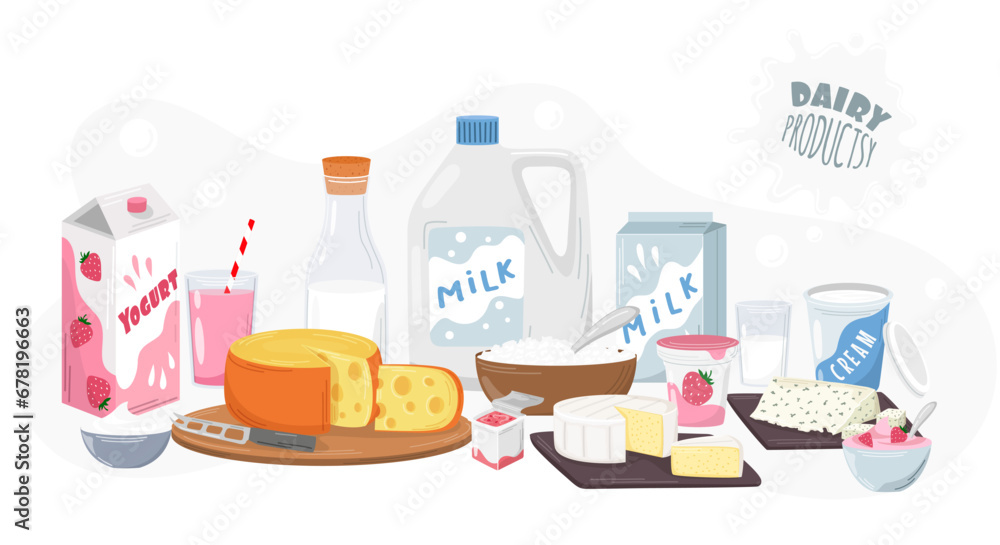 Set of dairy products. Milk, packets of fruit yogurt, sour cream ...