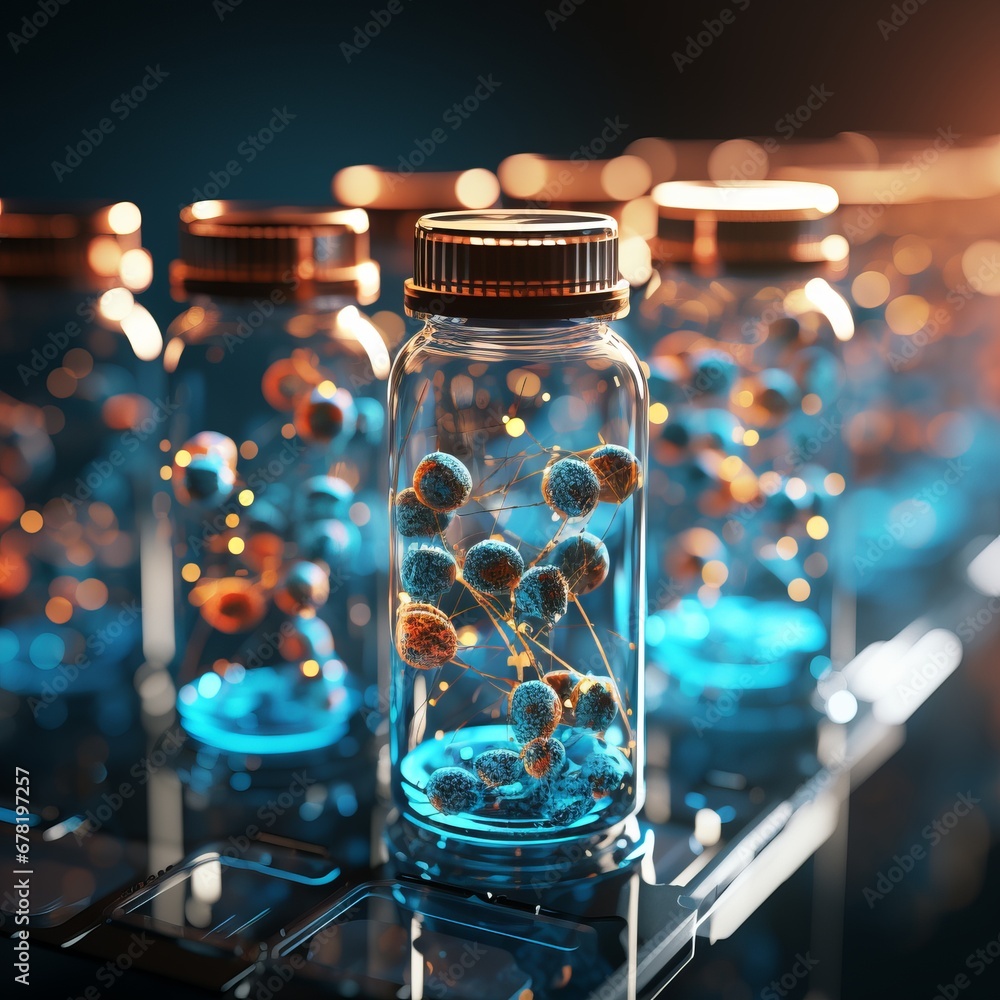 Glass containers vials with metal caps, illustration of collection and ...