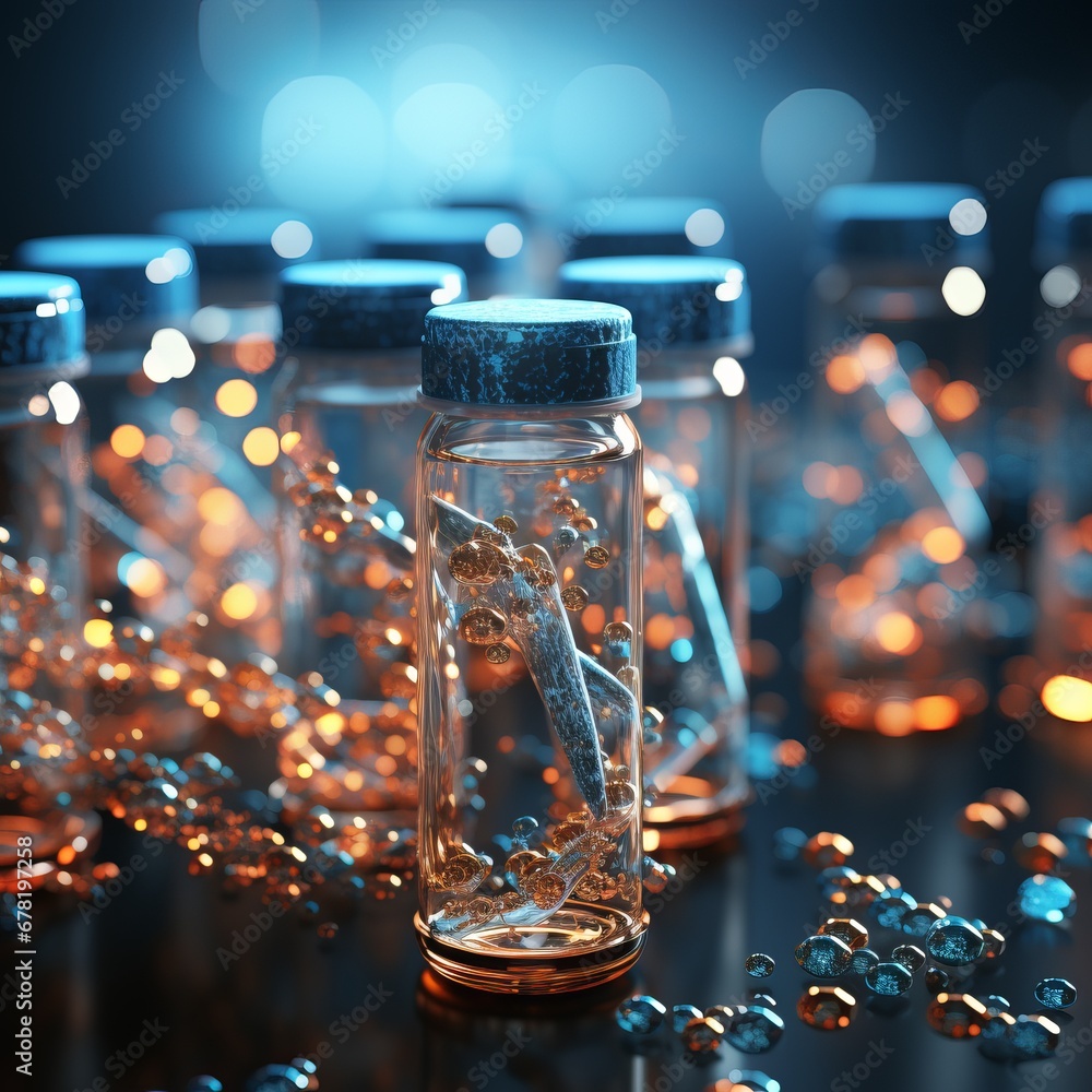 Glass containers vials with metal caps, illustration of collection and ...