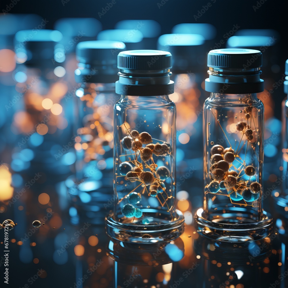 Glass containers vials with metal caps, illustration of collection and ...