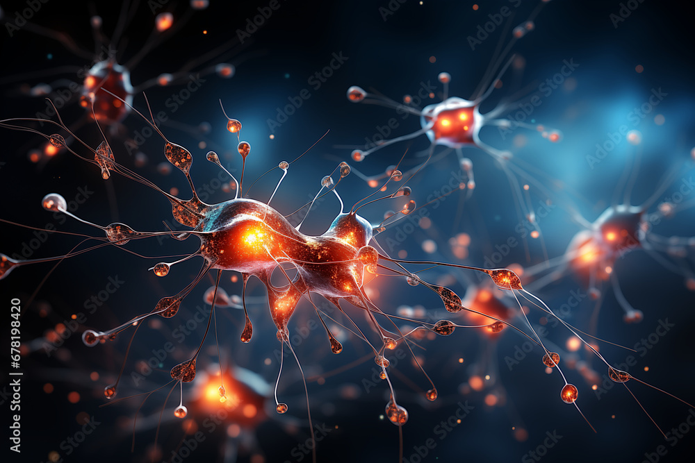 Neuronal network with electrical activity of neuron cells illustration ...