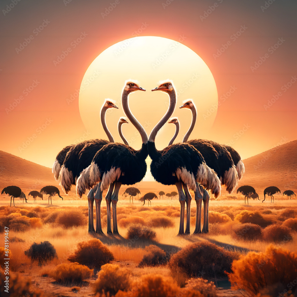 a photo-realistic image of ostriches standing together in a semi-arid ...