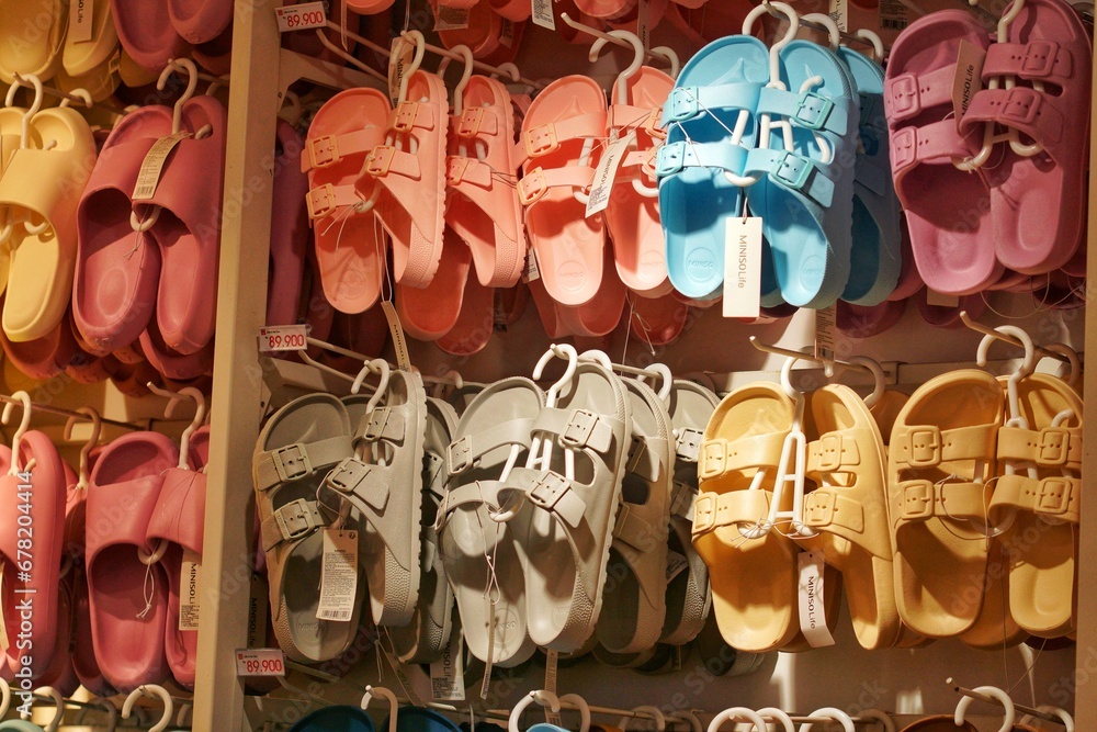 Balikpapan, 22 Oct 2023, colorful Flip Flops at Miniso variety store ...