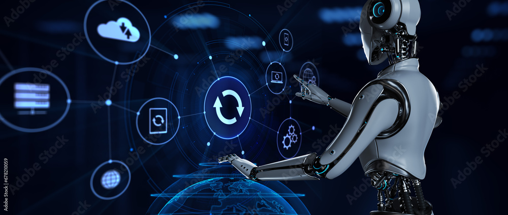 Update system upgrade install. Robot pressing button on screen 3d ...