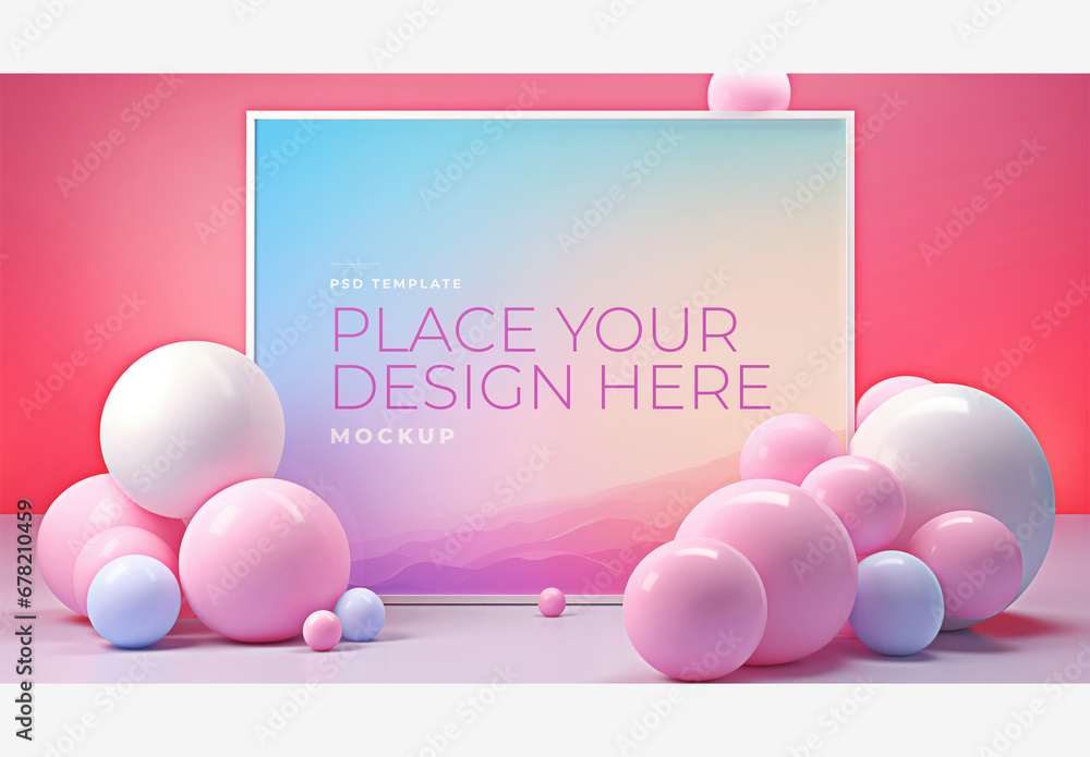 Fantasy Vivid Frame Mockup Template - Pink and White Balloon Background ...