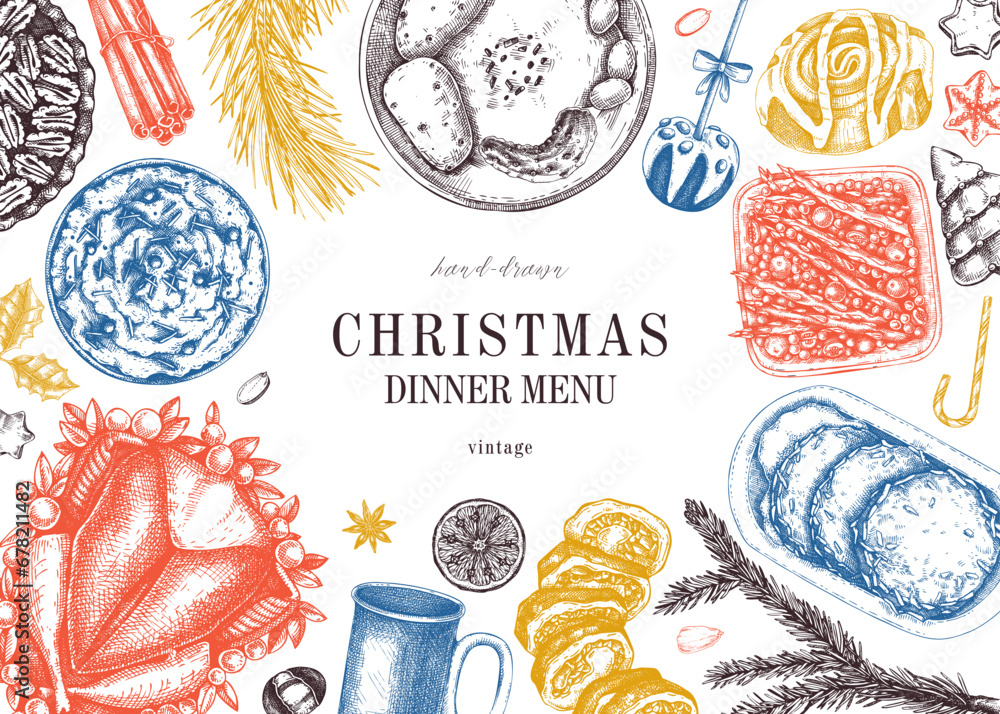 Christmas food background. Family dinner. Winter holiday menu ...