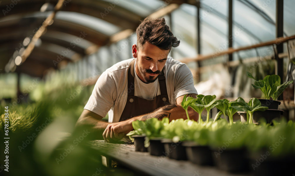 Botanical Innovation, Gardener Tending to Growing Plants in a Vibrant ...