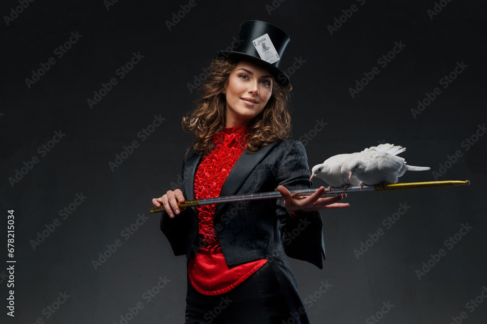 Captivating image of a female magician in magician attire and a black ...