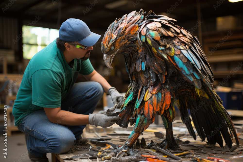 Artist sculpting striking piece from repurposed trash highlighting ...