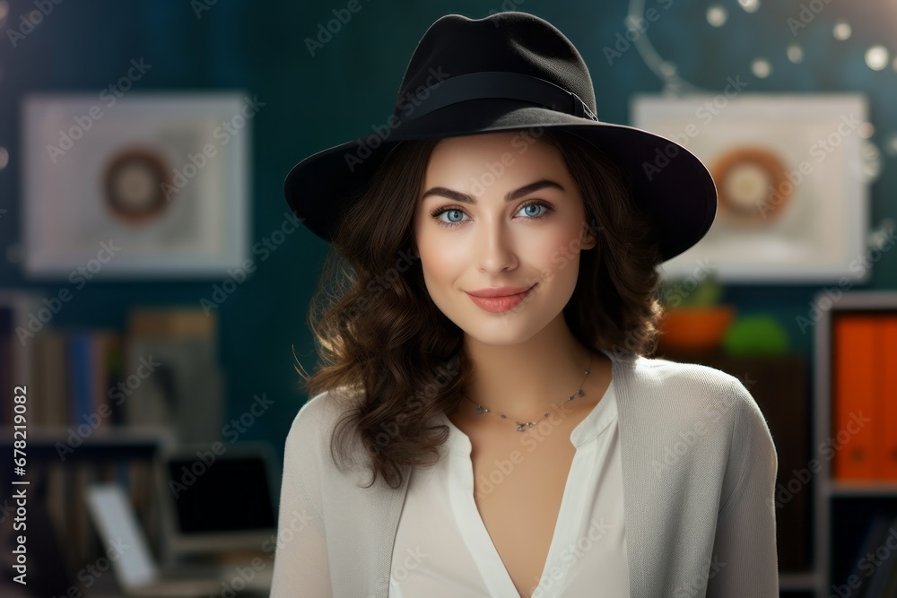 Portrait of a cheerful woman in her 20s donning a classic fedora ...
