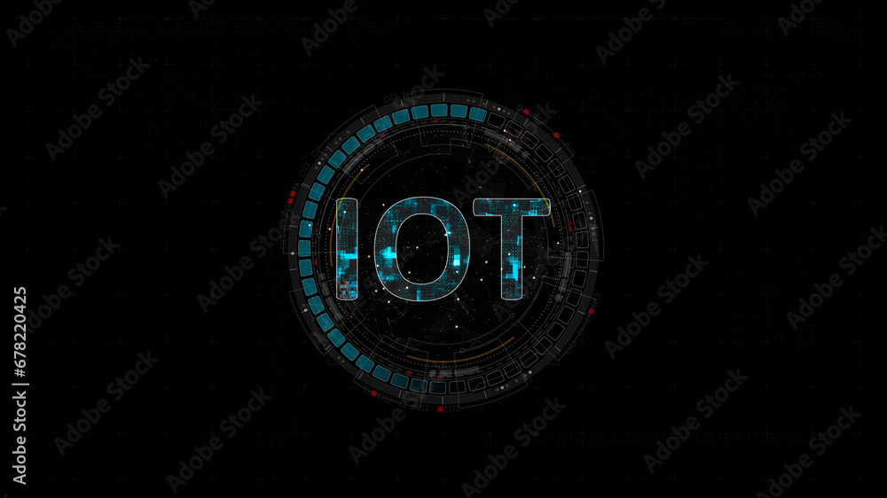Blue digital IOT letter and circle futuristic HUD elements with flowing ...