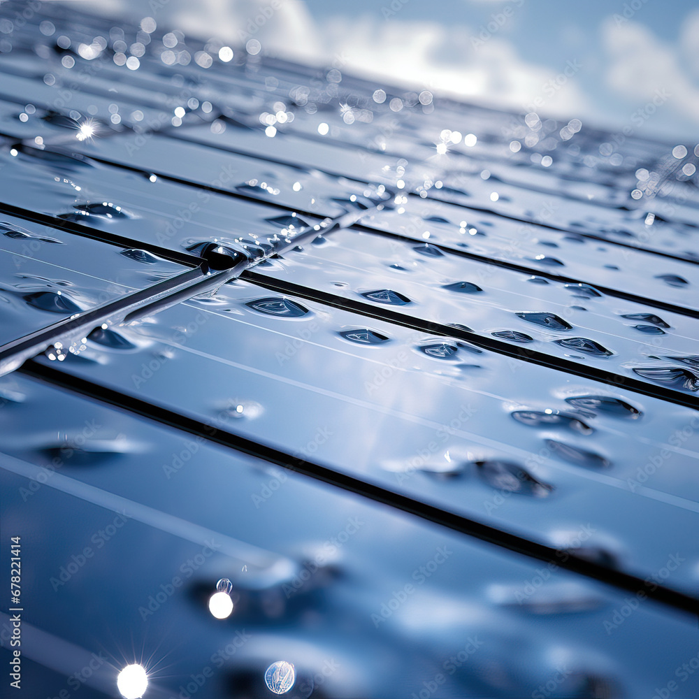 Close-up macro shot of solar panel with solar cells and water droplets ...