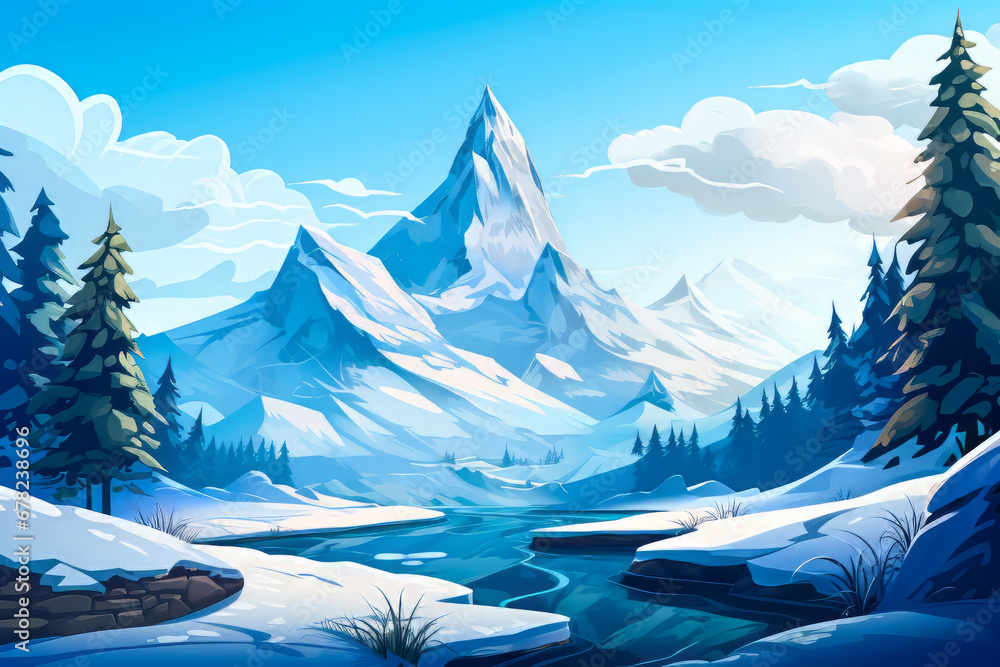 Cartoon Winter Mountain. Generated Image. A digital illustration of a ...