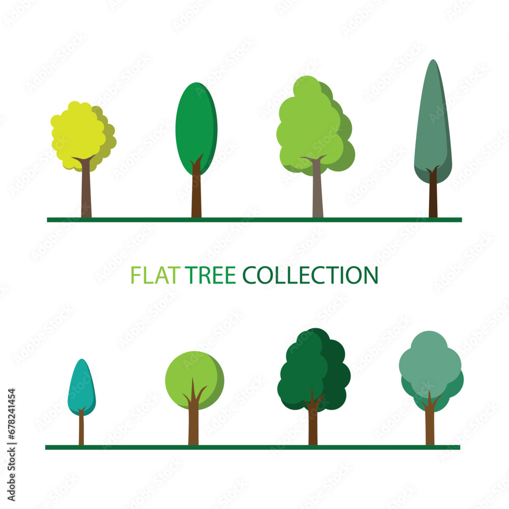 Flat tree collection. Set of original trees on white. Trees of different types for origami. Flat ...