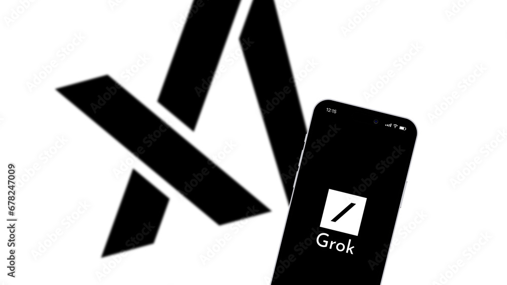 Grok x ai logo on smartphone screen and x ai logo blur on white ...