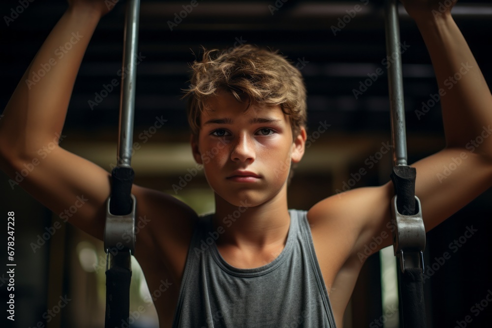 Close-up portrait photography of a tired boy in his 20s practicing pull ...