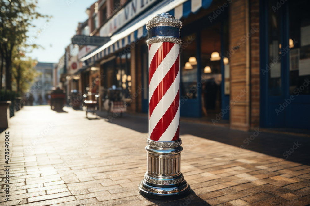A classic barbershop pole spinning outside, signifying a traditional ...