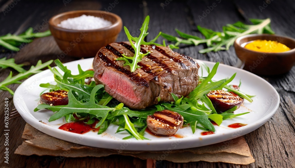 Rare gebratenes Rindersteak mit Rucola Garnitur Stock Photo | Adobe Stock