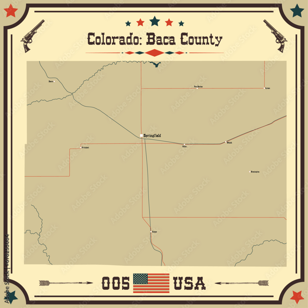 Large and accurate map of Baca County, Colorado, USA with vintage ...