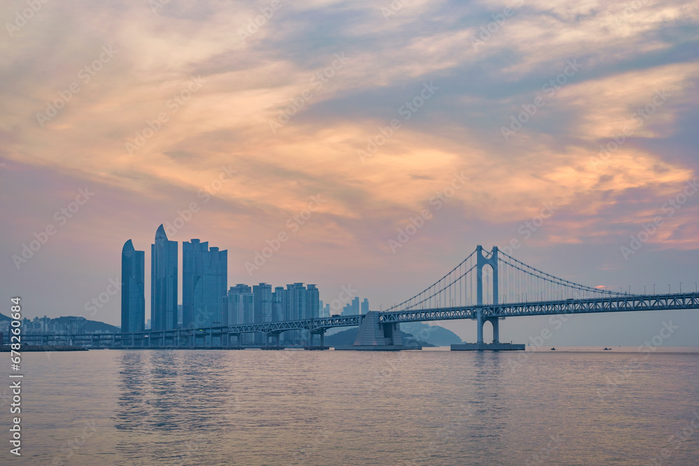 Poster Busan South Korea, sunrise city skyline at Busan Marina and ...